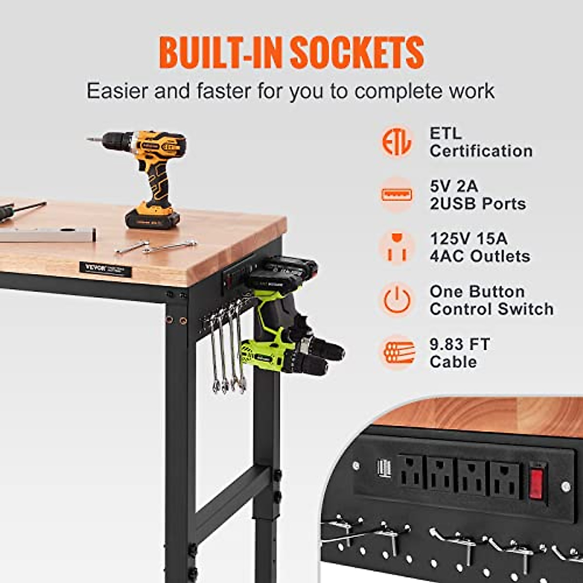 VEVOR Adjustable Workbench, 72" L X 25" W Garage Worktable with Universal Wheels, 28-39.5" Heights & 3000 LBS Load Capacity, with Power Outlets & Hardwood Top & Storage & Foot Pads, for Office Home