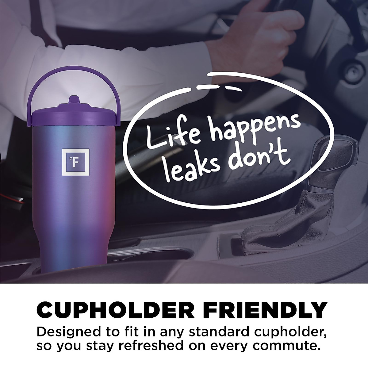 IRON °FLASK Sidekick Insulated Water Tumbler w/Straw & Foldable Handle - Stainless Steel Leak-Proof Bottle, Non-Slip Base & Fits Cup Holders for Hot, Cold Drinks - Travel Mug - 30 Oz, Aurora