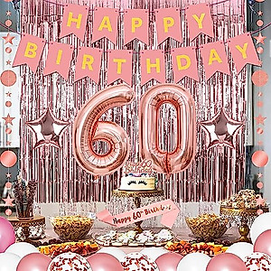 Yawagor 29 Pieces Rose Gold 60th Birthday Decorations for Women, Happy Birthday Decor Set-60th Birthday Anniversary Foil Balloons, Sash, Cake Topper, Fringe Curtains for Home Indoor Party Supplies