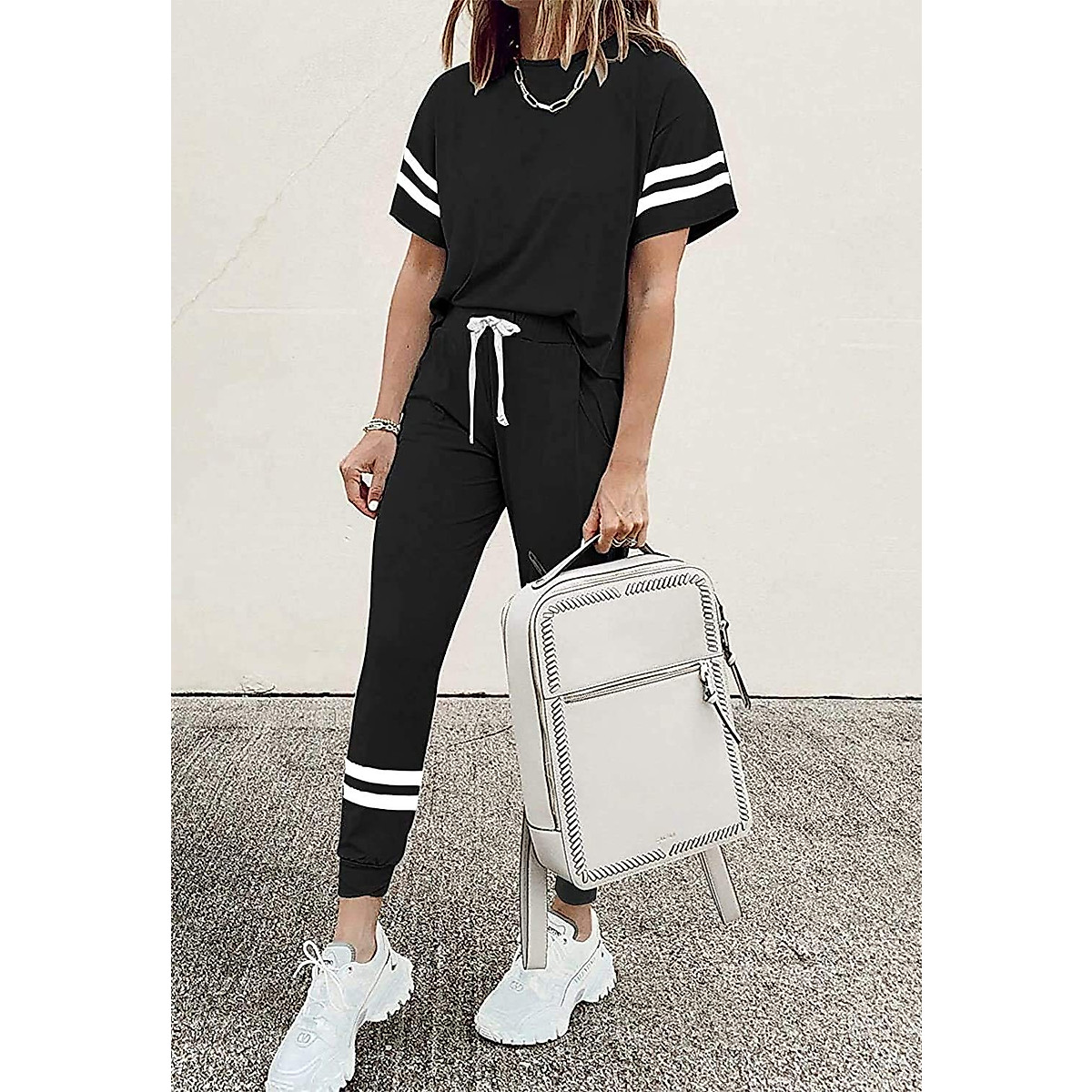 PRETTYGARDEN Women Summer Two Piece Outfits Striped Short Sleeve Pullover and Long Pants Tracksuit Travel Pajama Lounge Set (Black,XX-Large)