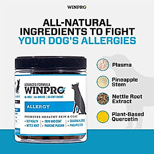 WINPRO Pet Allergy Grain-Free Plasma-Powered Soft Chews, 60 Chews, Natural Blood Protein Supplements for Dogs Providing Relief from Itchy, Irritated Skin, Made in The USA
