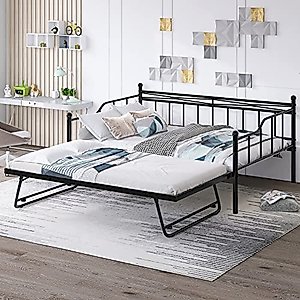 LUSPAZ Full Size Extendable Bed with Pop Up Trundle, Twin to King Daybed with Pull Out Trundle for Adults, Kids