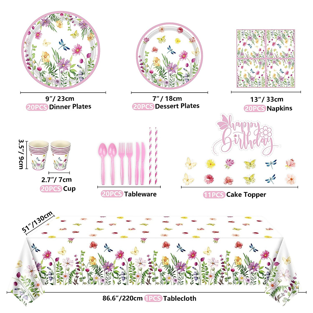 225 Pack Spring Wildflower Party Decorations Floral Tableware Plates Balloons Decorations Wildflower Dinnerware Party Favor for Birthday Baby Shower Bridal Shower Garden Tea Party Serves 20
