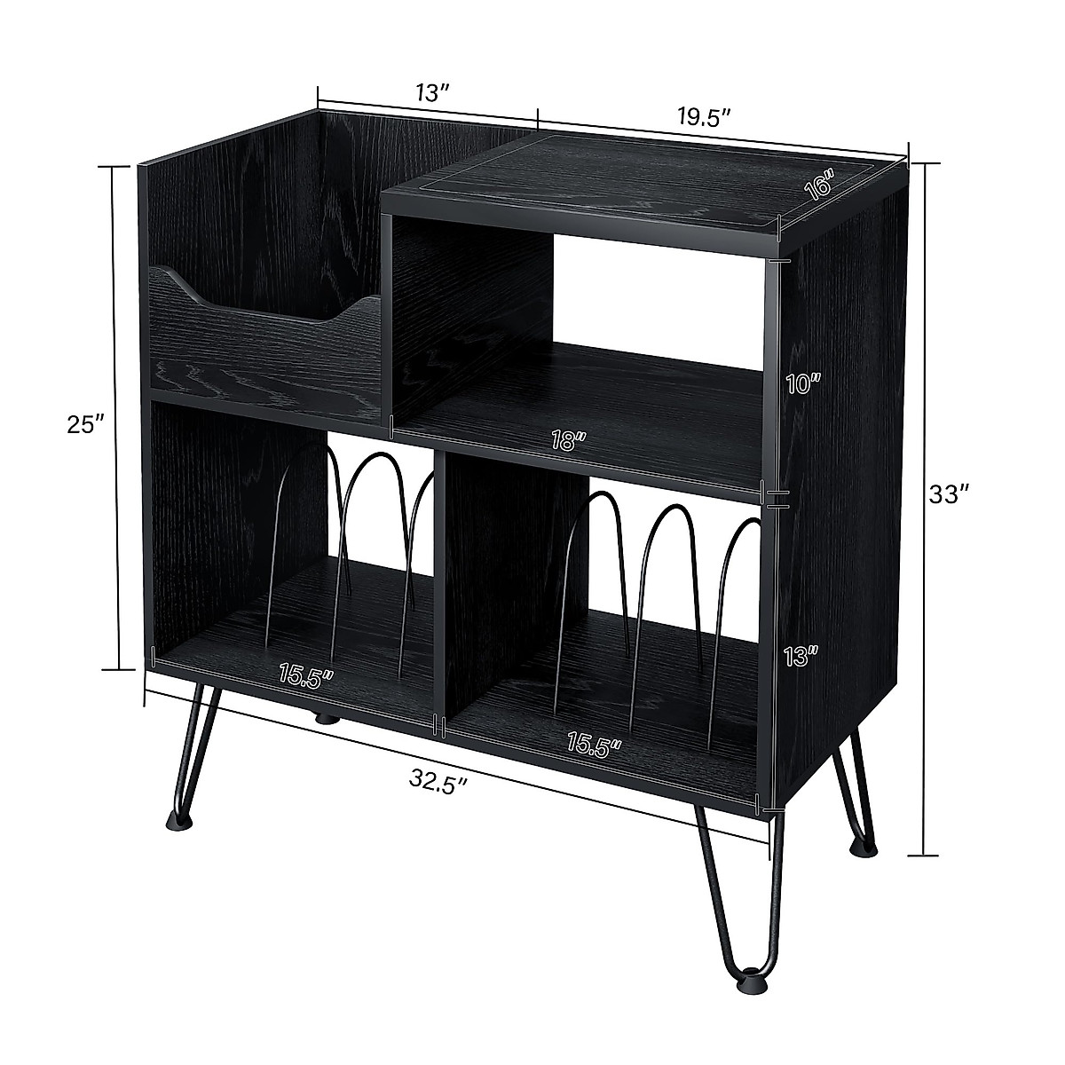 TC-HOMENY Record Player Stand with Vibration-Isolated Turntable Design, Vinyl Record Storage Table with Charging Station, Mid-Century Modern Turntable Stand (Black)