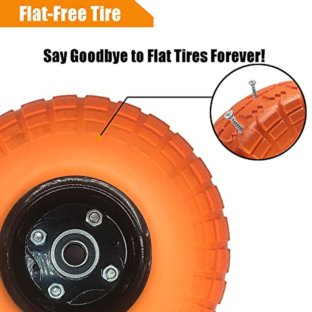 4.10/3.50-4 tire and Wheel Flat Free,10" Solid Tire Wheel with 5/8" Bearings,2.1" Offset Hub,for Gorilla Cart,Garden Carts,Dolly,Trolley,Dump Cart,Hand Truck/Wheelbarrow/Garden Wagon (2 Pack-Orange)