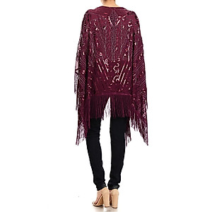 Anna-Kaci Womens Oversized Gatsby Hand Beaded Fringed Sequin Evening Shawl Wrap, Burgundy, Onesize