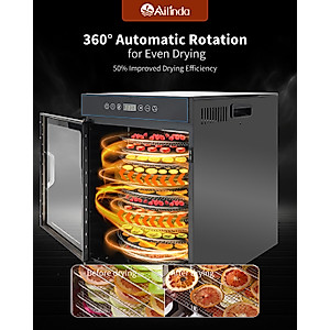 Food dehydrator, 12-layer stainless steel rotating dehydrator, suitable for food, jerky, dog food, herbs, vegetables, fruits, temperature function, 24-hour timer, overheating protection