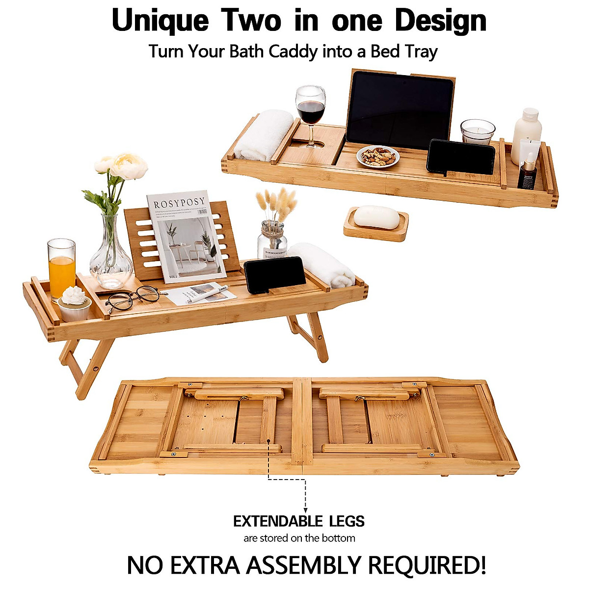 HBlife Bamboo Bathtub Caddy Tray with Extending Sides & Laptop Desk with Foldable Legs,Cellphone Tray and Wineglass Holder，Free Soap Holder (Natural)