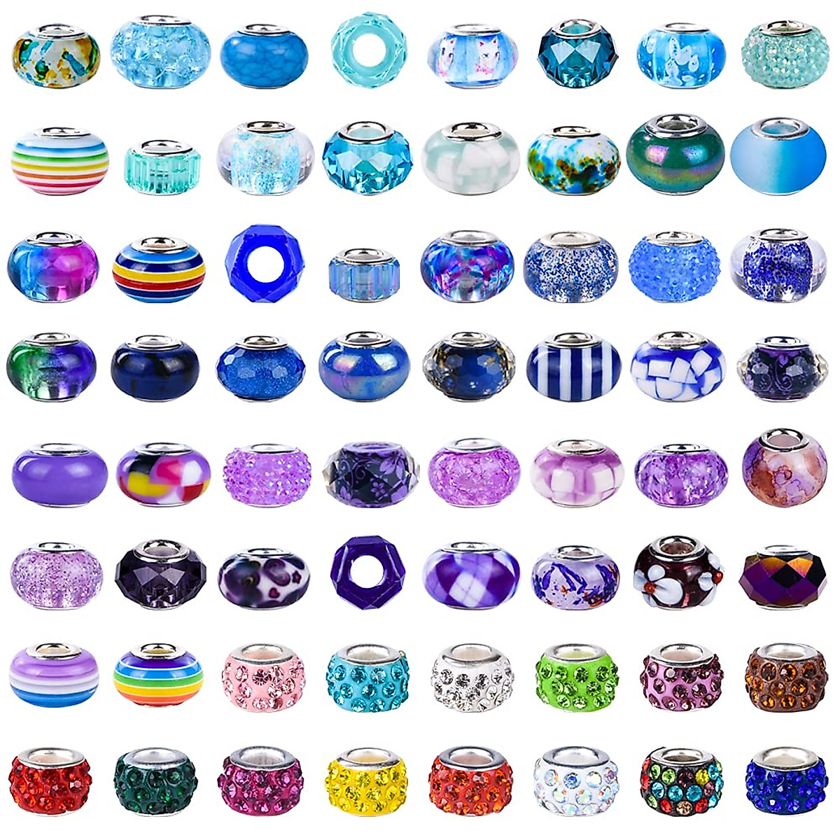 Aipridy Assortment European Large Hole Beads Spacer Beads Rhinestone Craft Beads for DIY Charms Bracelet Jewelry Making (Purple-Lake Blue-Blue)