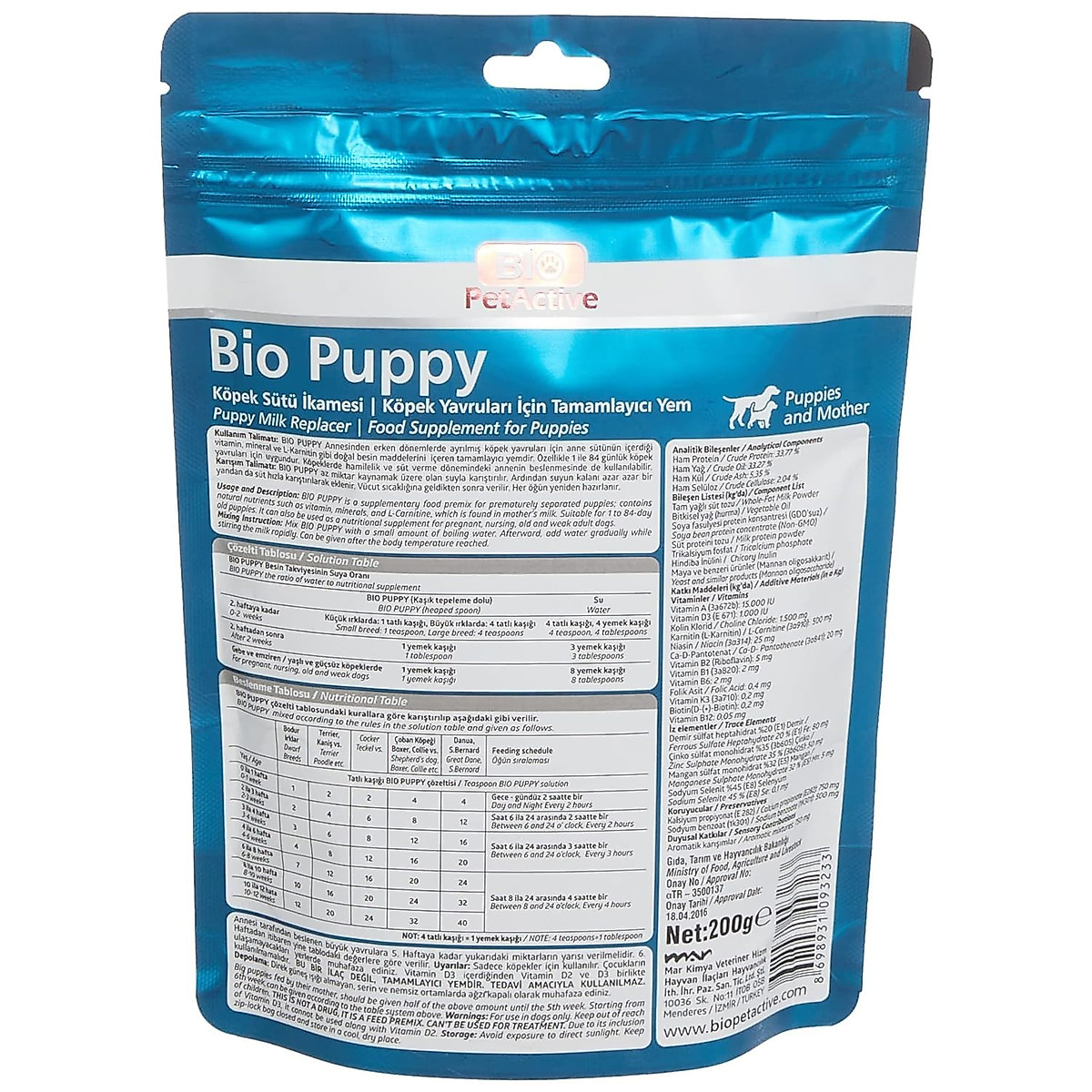 Bio Pet Active Bio Puppy Milk Replacement Powder, Supplemental Feed for Puppies 1-84 Days, Powdered Puppy Weaning Formula with Vitamins Minerals L-Carnitine, 7.05 oz