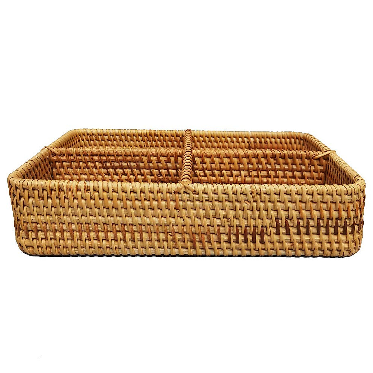 i-lan 4 Compartments Rectangular Rattan Basket, 12 Inch Divided Basket Tray with 3” Deep Wall, Decorative Flat Wicker Serving Basket for Fruit, Snacks, Catch All Dish, Brown