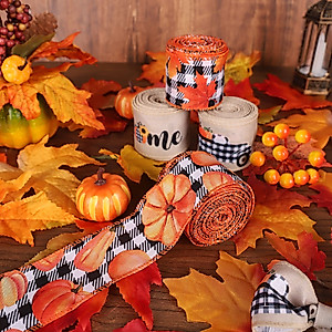 Whaline 30 Yard Fall Thanksgiving Wired Edge Ribbon White Black Buffalo Plaids Ribbon Autumn Leaves Pumpkin Truck Craft Ribbon Rustic Vintage Farmhouse Wrapping Ribbon for Wreath Floral Bow, 4 Rolls