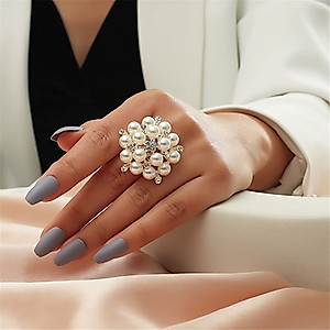 Dtja Big CZ Pearl Statement Wedding Ring for Women Girls Vintage CZ Crystal Faux Pearls Ball Flower Adjustable Open Band Wrap Birthday Cocktail Party Ring Comfort Fit Exaggerated Jewelry Gift