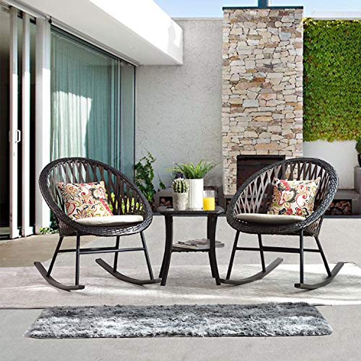 XIZZI Bistro Set Outdoor 3 Pieces Rocking Chair Patio Furniture with Glass Table and 2 Pillows,Beige