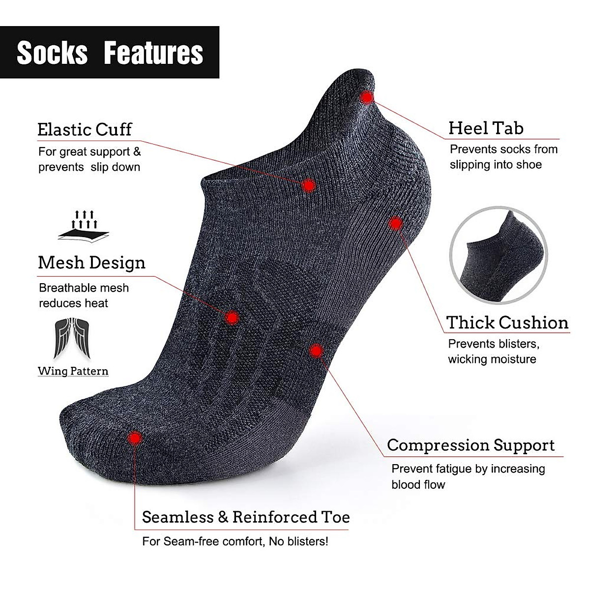 Busy Socks Low Cut Running Socks for Men Women, No Show Merino Wool Dress Performance Support Athletic Cushion Tab Socks, Dark Grey, Large, 3 Pairs
