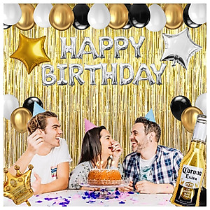 Golden Birthday Decorations Kit for Women 66 Pieces, Happy Birthday Banner, Fringe Curtains, Foil Balloons for 13th 16th 20th 21st 30th 35th 50th 60th Girls Boys Party Supplies