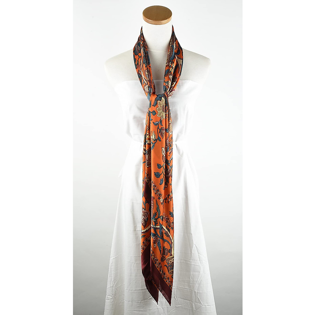 corciova Large Lightweight Women Square Designer Silk Scarf Shawl Pashmina Wrap 53 x 53 Safety Orange Burgundy Florals