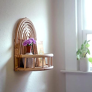 Birdie Designs Rattan Shelf - 14.5 x 12.5 Neutral Rainbow Nursery Decor - Wall Mount Basket Hand Made Wicker Shelf - Hanging Storage Organizer