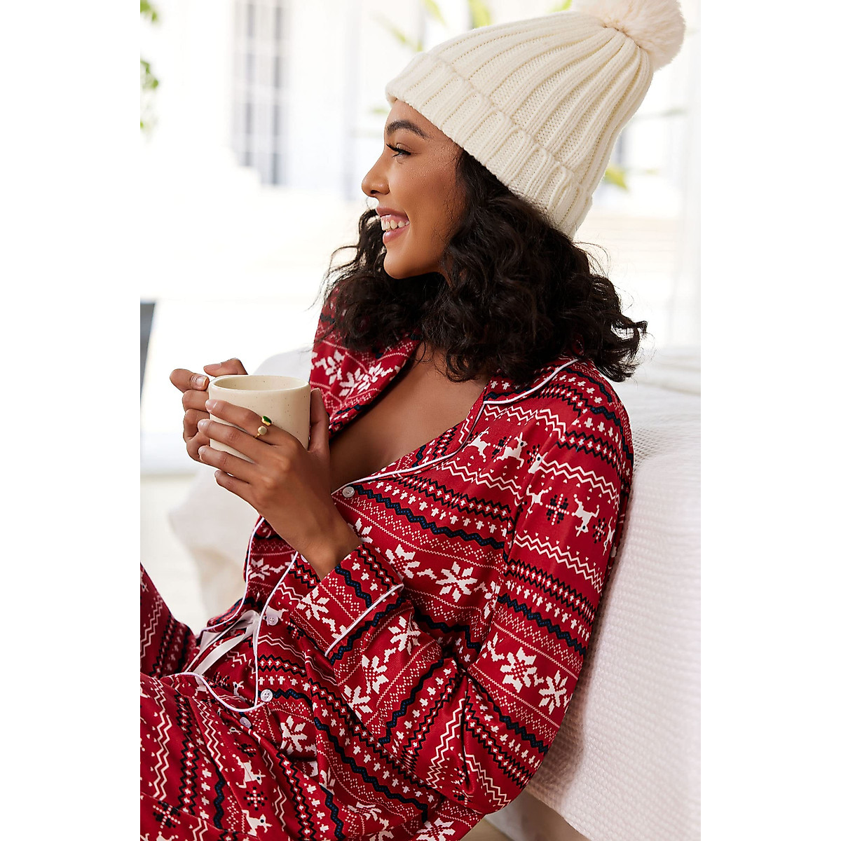 Ekouaer Pajama Set for Women Soft Button Down Top Sleep Sets Soft Cotton Sleepwear Christmas for Mom and Me Small,Christmas Pattern