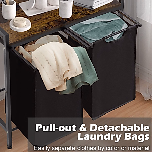 Whoonba Large Laundry Hamper Sorter with 2 Removable & Pull-Out Sorting Bags, Wooden Top Shelf, Versatile Laundry Basket Organizer for Laundry Room, Bathroom, Dorm, 10 * 2 Gal, Black