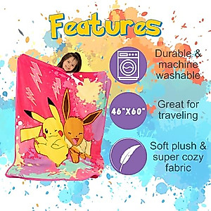 Franco Pokemon Anime Pikachu and Eevee Kids Bedding Super Soft Micro Raschel Throw, 46 in x 60 in, (Official Licensed Product)
