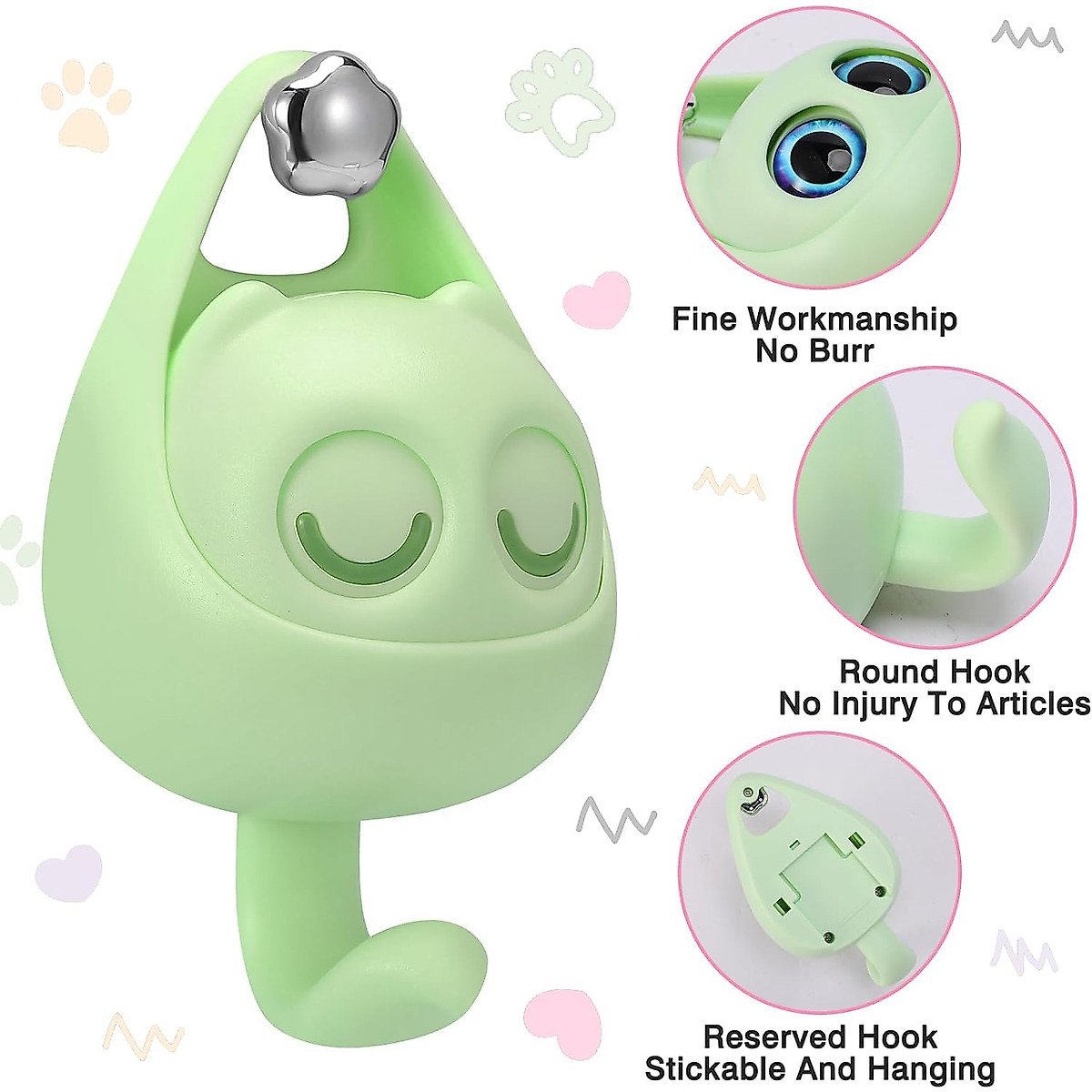 TalkiiWith Creative Adhesive Coat Hooks，2Pcs Wink Cat Hooks for Hanging Towels, Hats,Coat,Cloth Bags, Belts, Key, for Wall Hanging（Green+Purple）