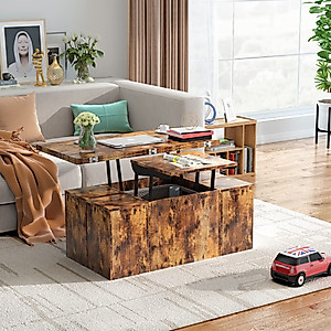 PAKASEPT Lift Top Coffee Table,3 in 1 Multi-Function Modern Dining Table with 4 Storage Bench,39.4” for Living Room Reception Room (Rustic Brown)