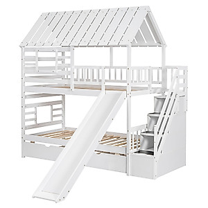 Twin Over Twin House Bunk Bed with Stairs and Slide, Wooden Bunk Bed Frame with Trundle and Storage, Roof and Window Design, for Kids Teens Girls Boys (White)
