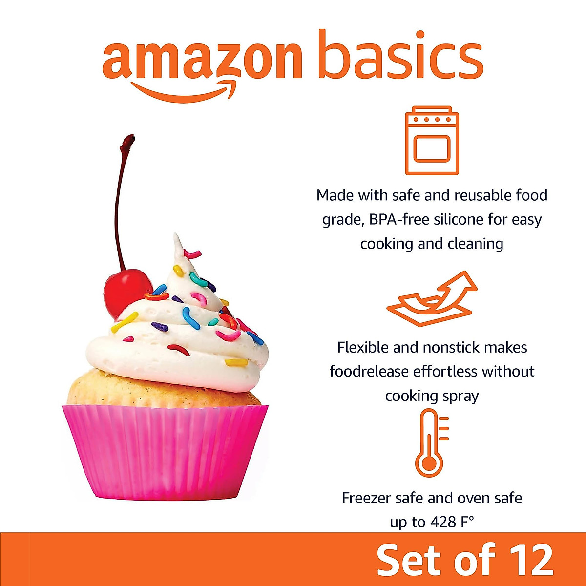 Amazon Basics Reusable Silicone Baking Cups, Muffin Liners - Pack of 12, Multicolor