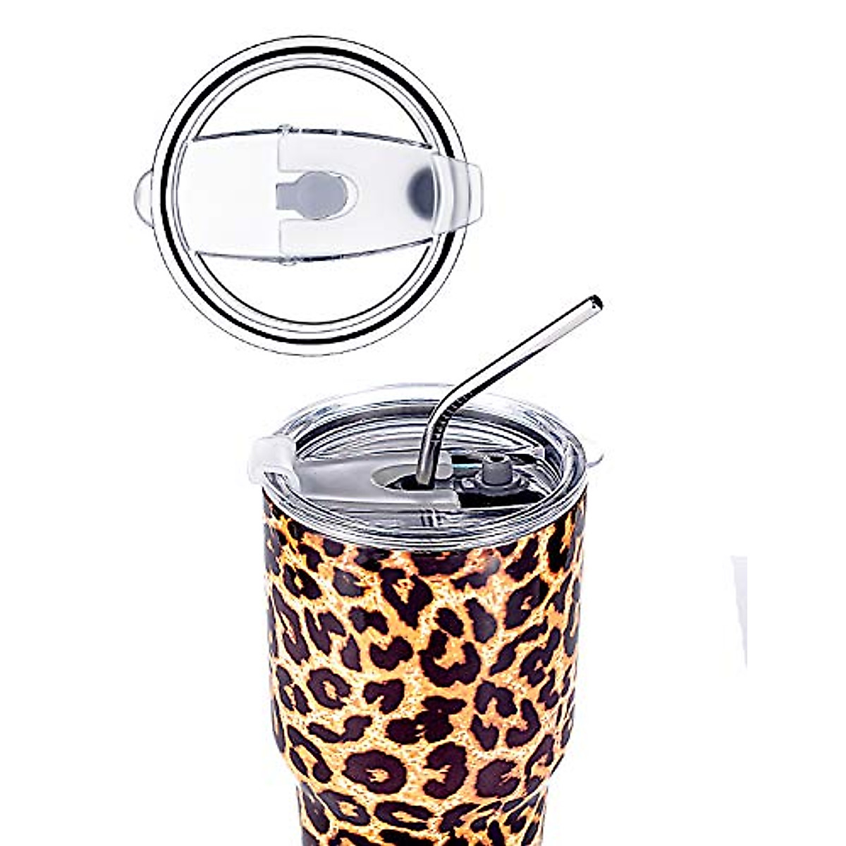 DYNAMIC SE 30oz Leopard Tumbler Double Wall Stainless Steel Vacuum Insulated Travel Mug with Splash-Proof Lid Metal Straw and Brush
