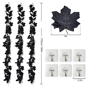 IWNTWY 3 Pack Fall Leaves Garland, Artificial Autumn Hanging Maple Leaf Vines Foliage Garland for Halloween Party Front Door Home Fireplace Decor (Black, 5.5Ft/Pack)