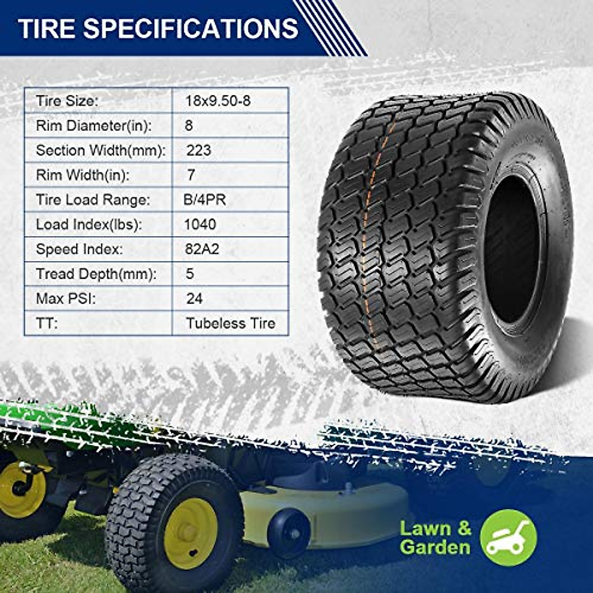 MaxAuto 18x9.50-8 Lawn Mower Tires,18x9.50-8 Lawn Tractor Tire, 18-9.50-8, 18x9.50 8nhs, 18x9.5-8 Tire for Lawn Mowers, 4 Ply Tubeless Tire, 1040lbs Capacity, Set of 2