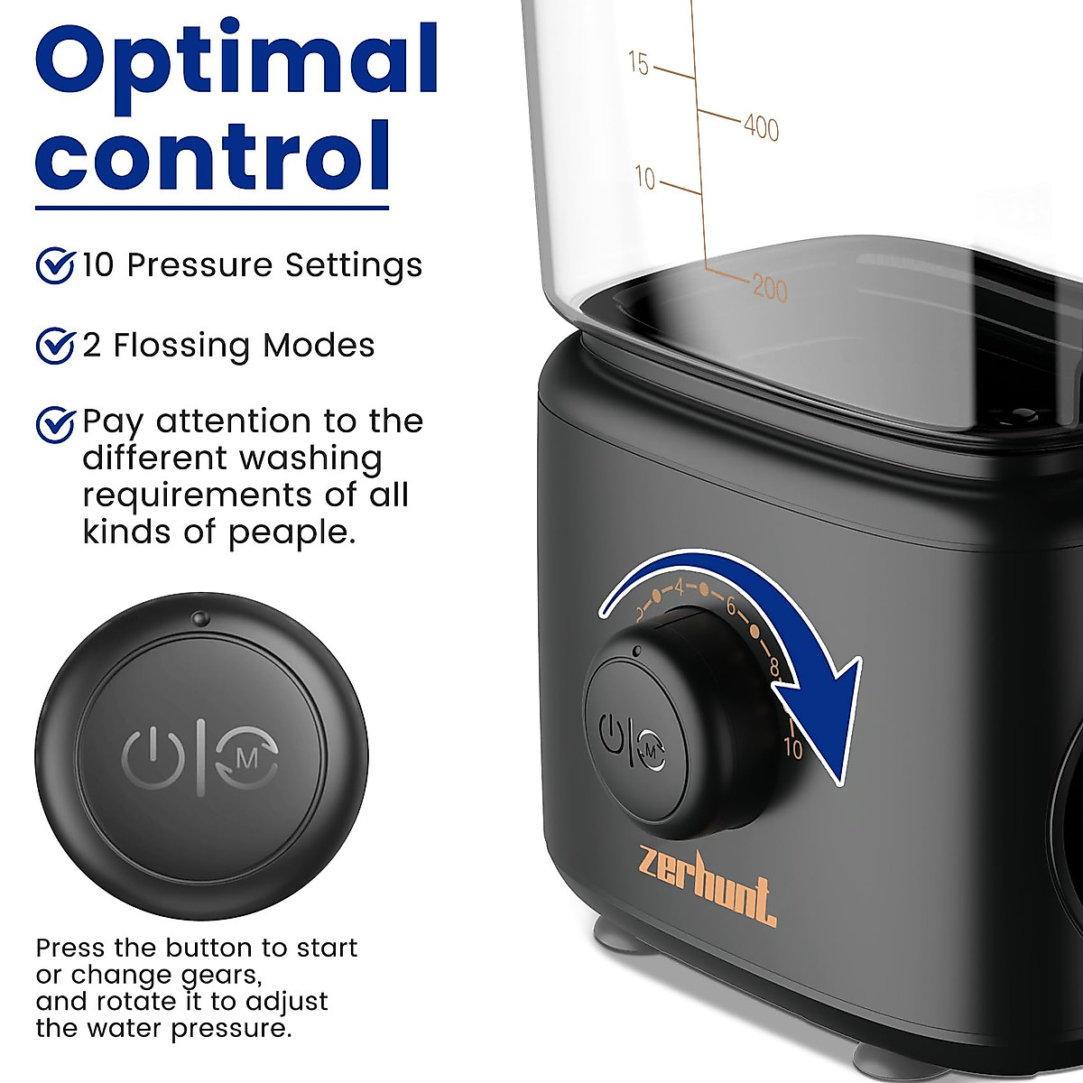 Dental Water Flosser Teeth Cleaner - Zerhunt High Frequency Pulsed Water Flosser Electric Oral Irrigator with 5 Interchangeable Nozzles for Braces, Implants, Bridges, 600ML Large Capacity Black