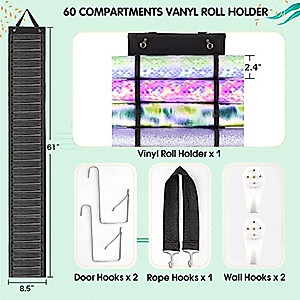 ChezMax Vinyl Roll Holder 60 Compartments, Vinyl Rolls Storage Organizer Bag, Craft Vinyl Door Hanging and Wall Mount/Over Organizers with Hook, Black Wrap Keeper Rack for Room Closet Studio Home