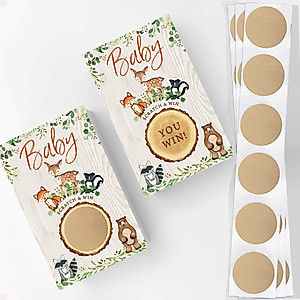 Printed Party Baby Shower Game – Woodland Scratch Off Cards for Boy or Girl, Forest Animal Theme, 30 Cards & Stickers