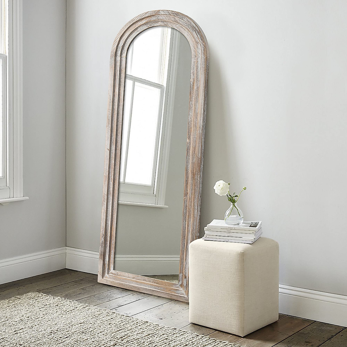 NeuType Arched Full Length Mirror 65"x22" Floor Mirror Rustic Wood Frame Rectangular Full Body Mirror Standing Mirror Wall-Mounted Freeleaning for Bathroom Bedroom Living Room,Weathered White