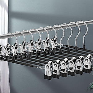 Lamitocs 10 Pack Pants Hangers with Clips,Skirt Hangers Space Saving, Heavy-Duty Pant Hangers Metal Clothes Hanger for Closet, Black
