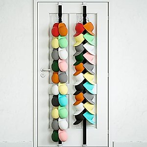 VOLCANOES CLUB Closet Oganizers and Storage - 2 Straps Hat Organizer Over The Door Storage Hanger - Baseball Caps Holder with 40 Clips, - Adjustable Closet Hook For Fitting Door Up To 93 Inch (Black)