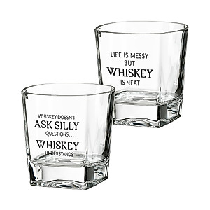 Lillian Rose Set of 2 Whiskey Low Ball Glasses with Funny Sayings, Black