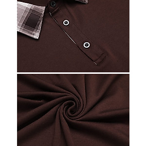 CHOMOLEZA Men's Casual Short Sleeve Polo Shirt Classic Plaid Collar Slim Fit T-Shirt Coffee M