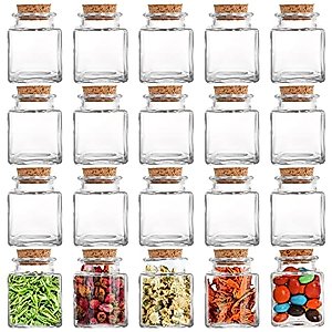 Dicunoy 20 PCS Glass Favor Jars with Cork Lids, 2 OZ Mini Square Vials Bottles for Herb Storage, Small Spice Containers for Tea, Jelly, Candy, Potions, Wedding & Party Favors, DIY Crafts