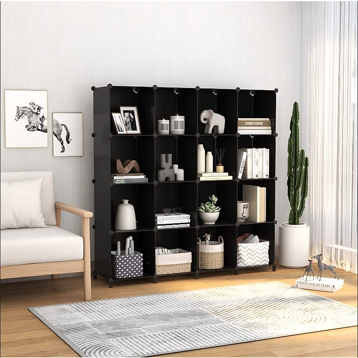 Wolizom Cube Storage Organizer, 16-Cube Black Closet Storage Shelves, Modular Units, Closet Cabinet, Portable DIY Plastic Book Shelf Shelving for Bedroom, Office, Living Room