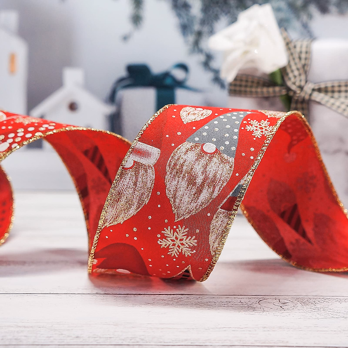 CT CRAFT LLC Red Satin with Elf Christmas Wired Ribbon 2.5 Inch x 25 Yards for Christmas Home Decor Tree Topper Bow Gift Wrapping DIY Crafts Wreath Garland