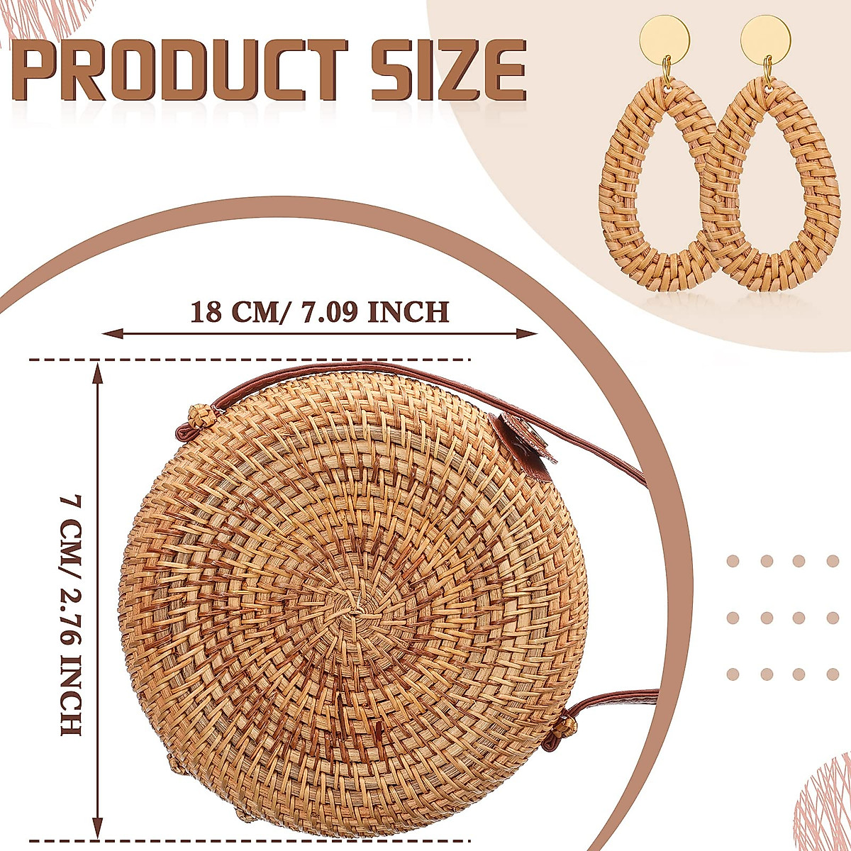 Kajaia Round Rattan Bag for Women Straw Crossbody Bag with 2 Pairs Rattan Earrings Beach Lightweight Geometric Boho Earrings Summer Jewelry Shoulder Leather Strap Natural Wicker Woven Bag