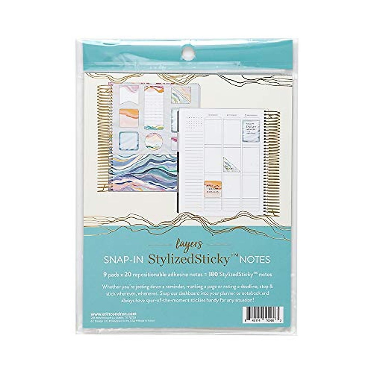 Erin Condren Snap-in Stylized Sticky Notes - 8 Pads with 20 Sheets Each (160 Sticky Notes) - Colorful Layers Design, Repositionable Adhesive Notes - Stay Organized On The Go