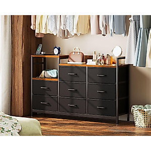 Casaottima Dresser for Bedroom with Charging Station, 52" Long Dresser with 8 Storage Drawers, Large Fabric Dressers Chests of Drawers with Shelves, Black and Vintage