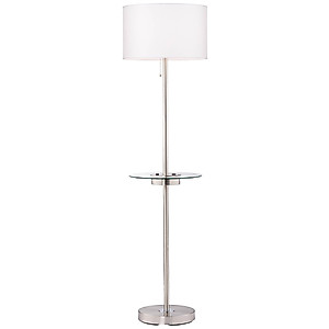 360 Lighting Caper Modern Floor Lamp with Tray USB and AC Power Outlet on Table Glass 60.5" Tall Satin Nickel White Fabric Drum Shade for Living Room Reading House Bedroom