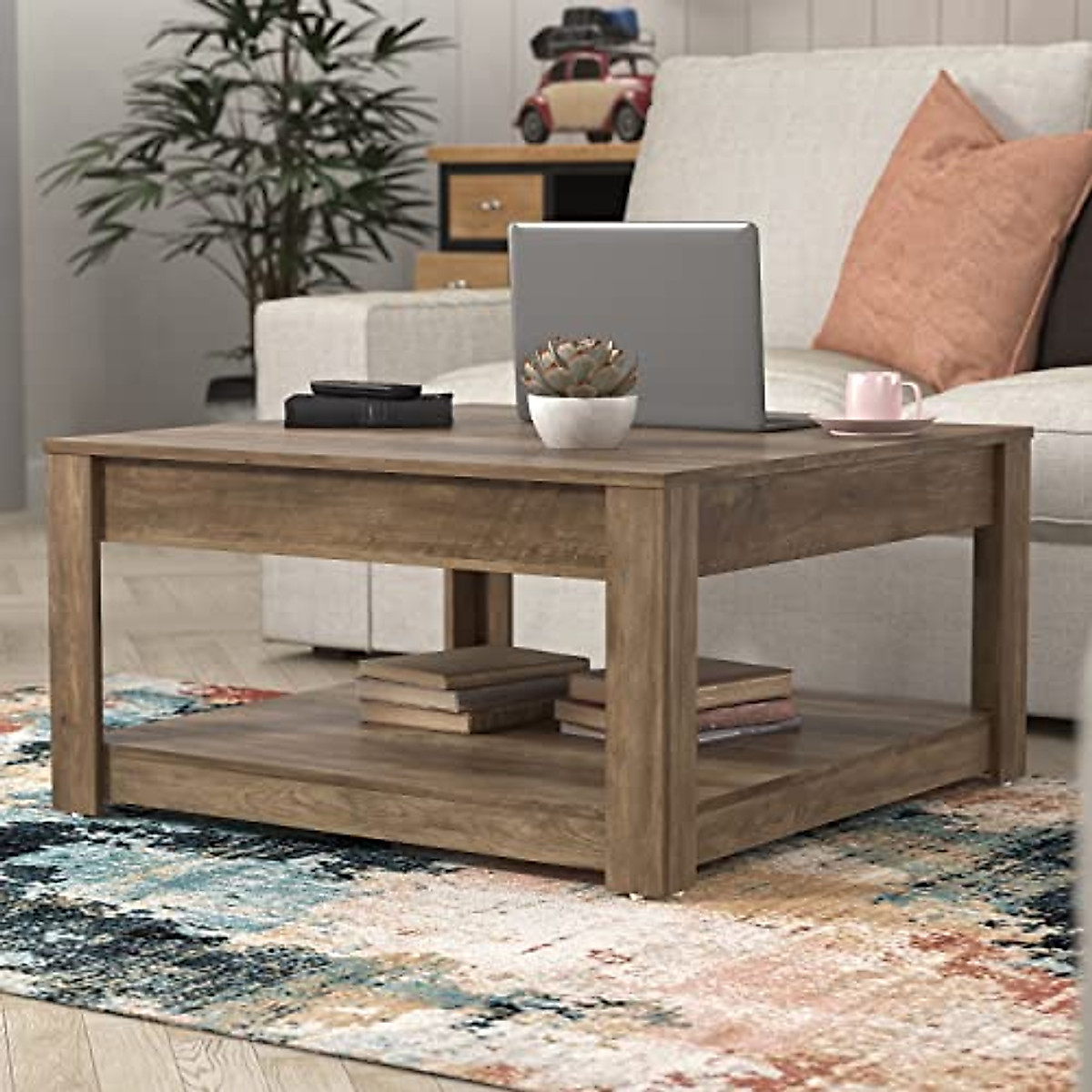 Galano Philia Square Coffee Table - Hidden Compartment and Storage Shelf - Modern Tabletop Dining Table for Living Room - Engineered Wood - Easy Assembly - Knotty Oak
