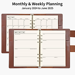 Nekmit Leather Planner 2024-2025, Monthly Weekly Planner, A5 Refillable 6 Ring Binder, Genuine Leather Cover with Inner Pockets and Pen Holder, Brown