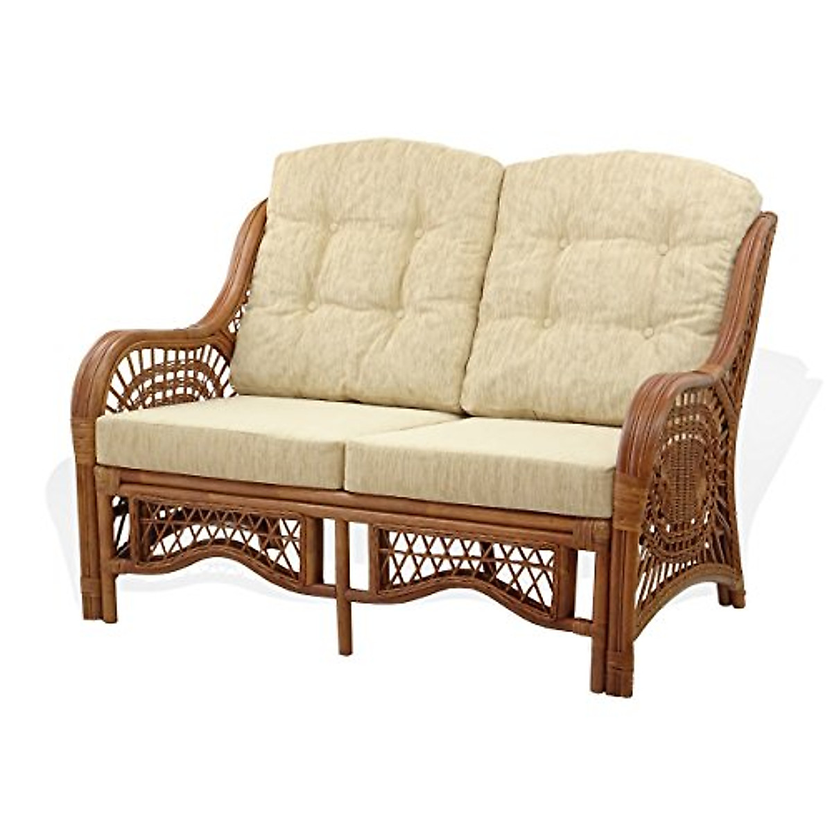 Malibu Lounge Loveseat Sofa Natural Rattan Wicker Handmade Design with Cream Cushions, Colonial